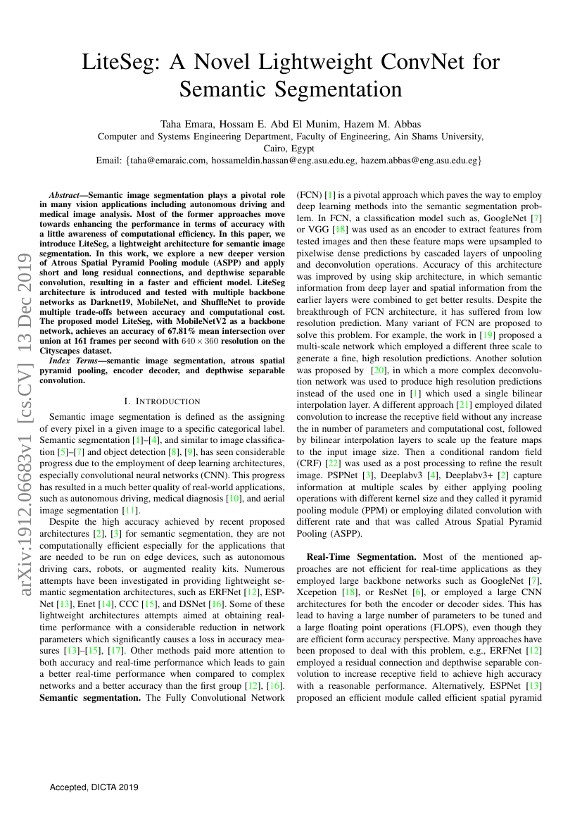 LiteSeg: A Novel Lightweight ConvNet for Semantic Segmentation | Papers ...
