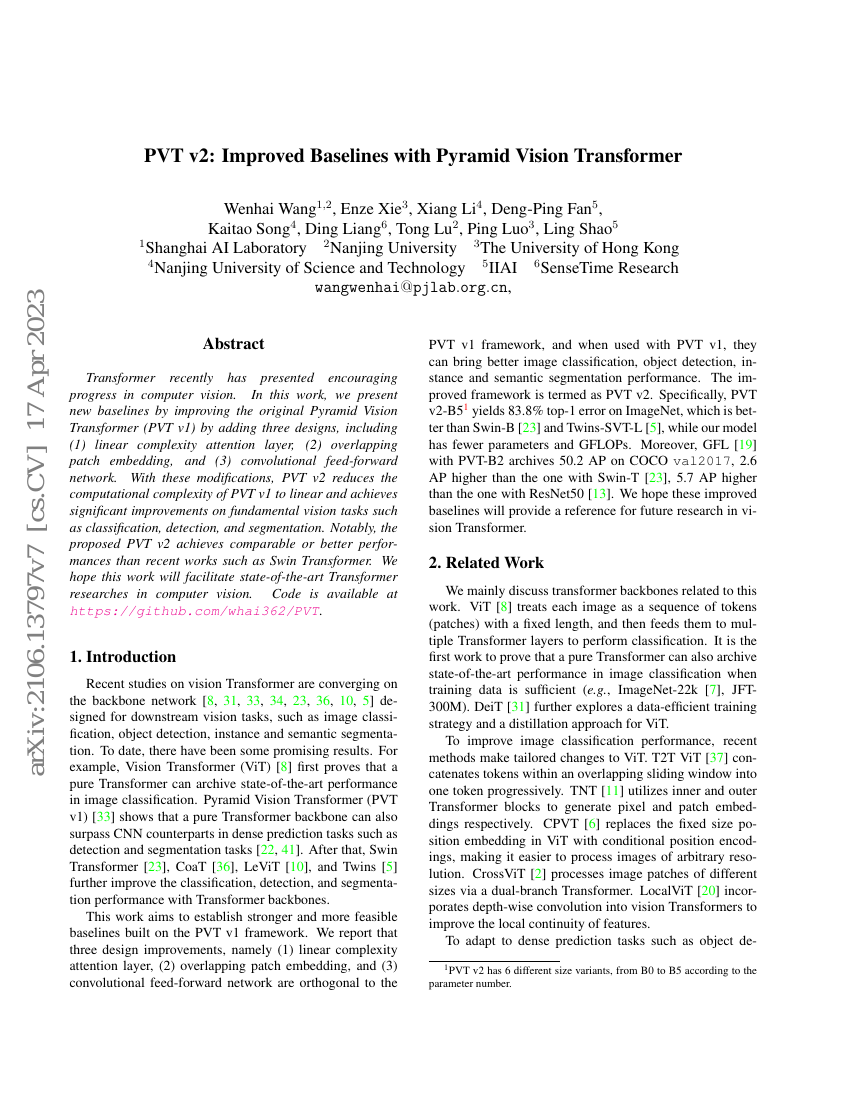 PVT v2: Improved Baselines with Pyramid Vision Transformer | Papers | HyperAI