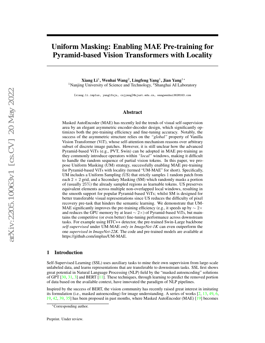 Uniform Masking: Enabling MAE Pre-training for Pyramid-based Vision ...