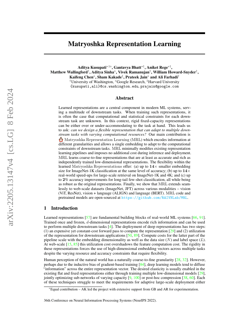 Matryoshka Representation Learning | Papers | HyperAI
