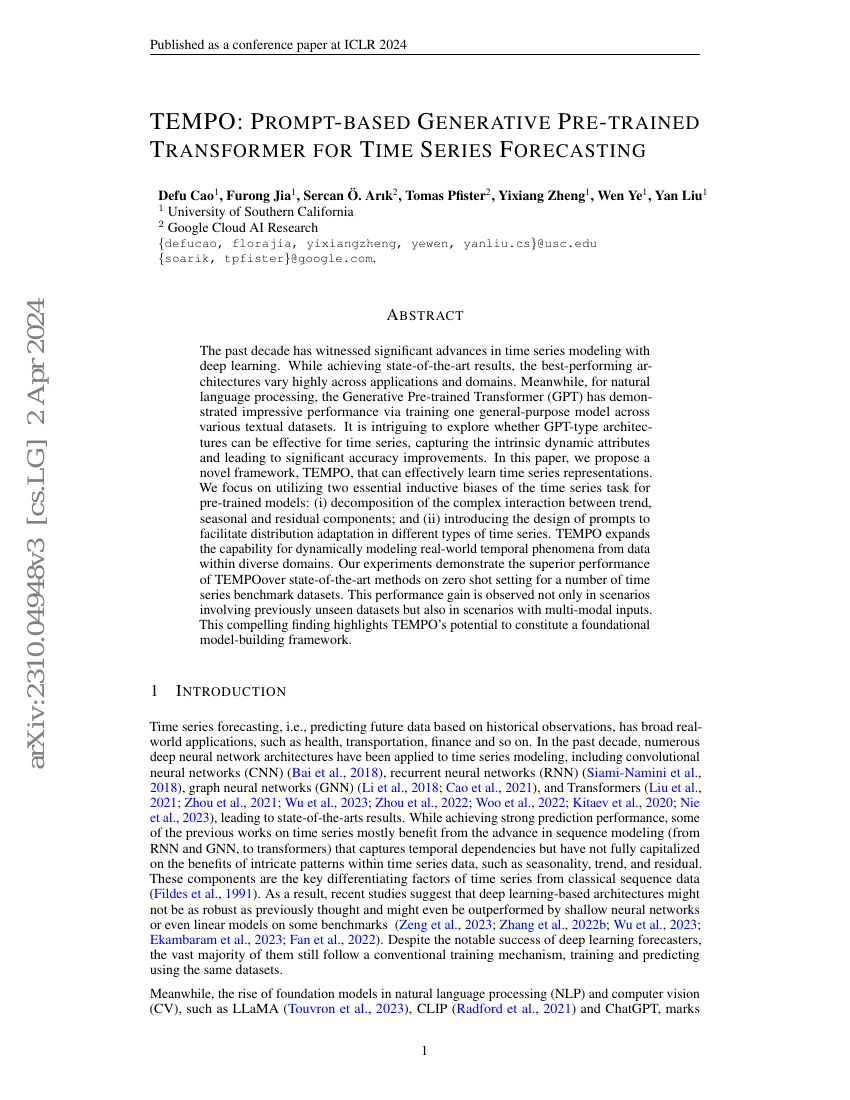 TEMPO：基于提示的生成式预训练时间序列预测Transformer | 论文 | HyperAI超神经