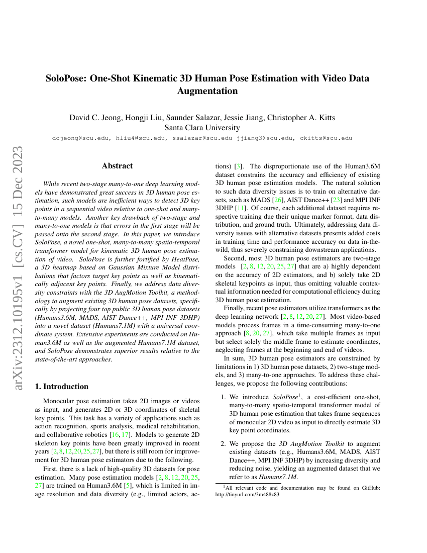 SoloPose：基于视频数据增强的一次性运动学3D人体姿态估计 | 论文 | HyperAI超神经