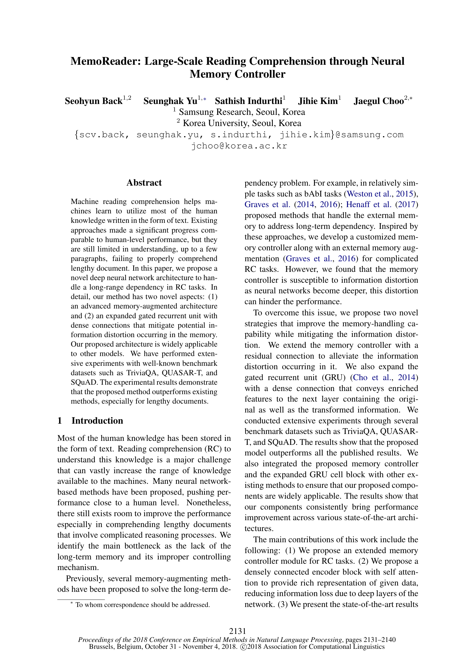 MemoReader: Large-Scale Reading Comprehension through Neural Memory ...